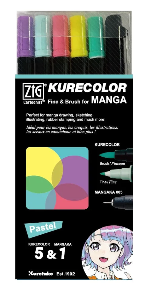 Kuretake ZIG Kurecolor Fine and Brush Marker MANGA Pastel 5 + 1 – The ...
