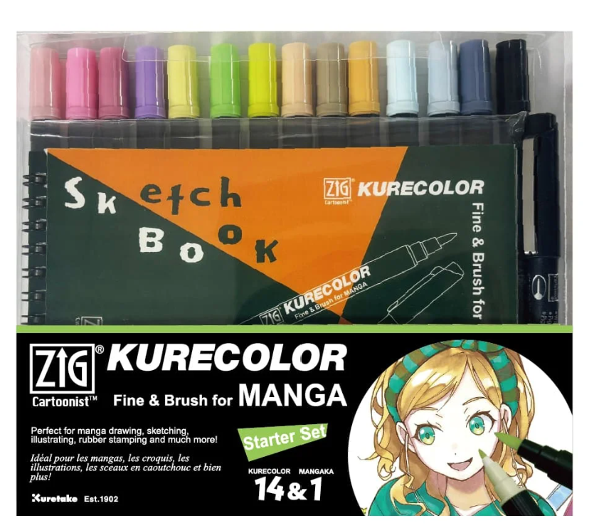 Kuretake ZIG Kurecolor Fine and Brush Marker MANGA Starter Set Portrai ...